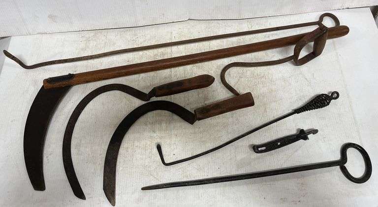 (3) Stove/campfire pokers, (3) Sickles, Hay hook, and Wood cook stove ...