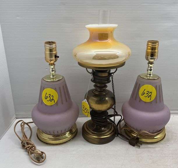 (2) Purple glass base lamps, and Antique brass electric lamp, up to 15 ...