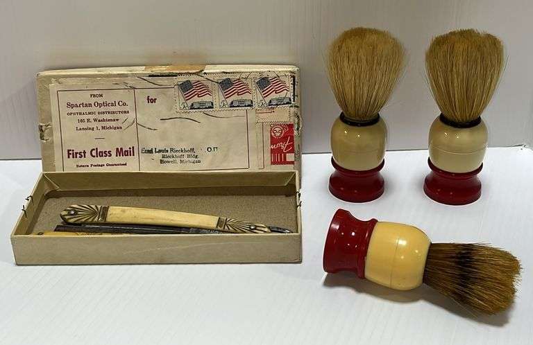 (2) Antique German straight razors, include: 1- Anchor brand with bone ...