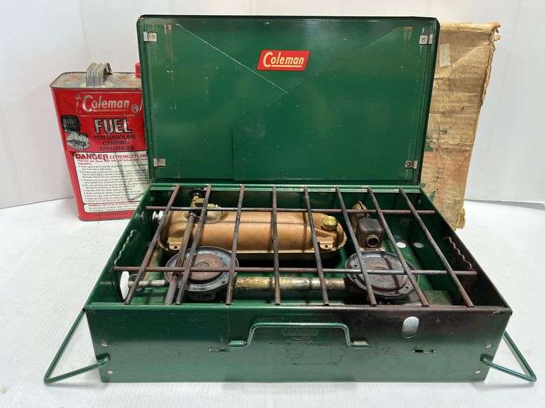 Coleman camp stove, model 425B, includes fuel and funnel, 17"W, good ...