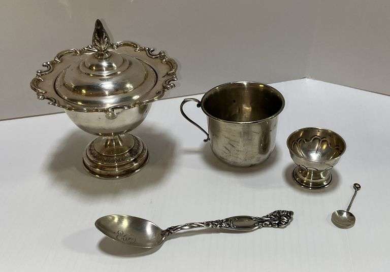 (4) Sterling items, include: Childs cup, marked Sterling; Spoon, marked ...