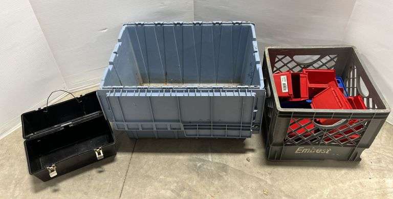 Lunch box and assorted garage items, includes: Screw, milkcrate ...