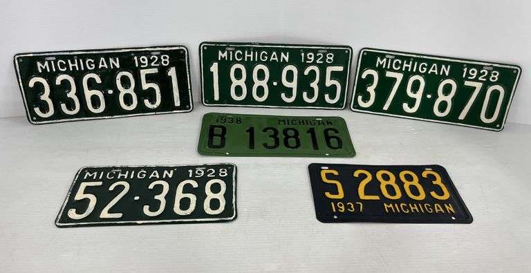 (6) Michigan license plates, includes: Four- 1928, 1937, and 1935 ...