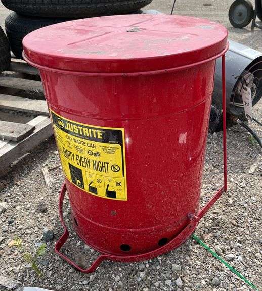 Just Rite oil and rag container, 15" x 18" - Albrecht Auction Service