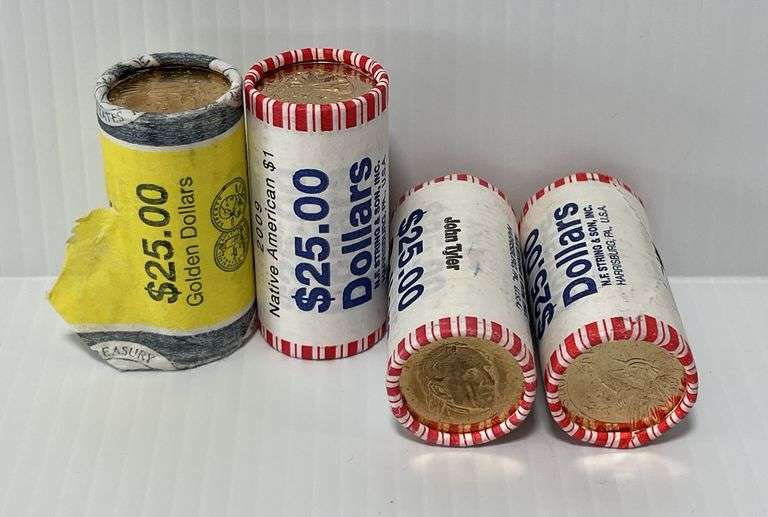 (4) $25 Rolls of US mint dollar coins, all unopened, includes Golden ...