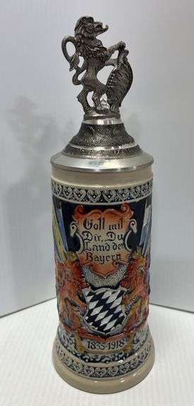 German Armin 1835-1918 Lion lidded tankard beer stein, 11", excellent ...