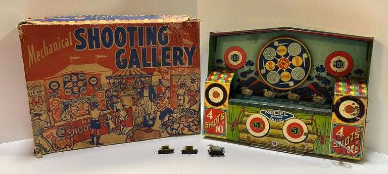 Wyandotte mechanical shooting gallery tin wind-up toy, boxed, works ...