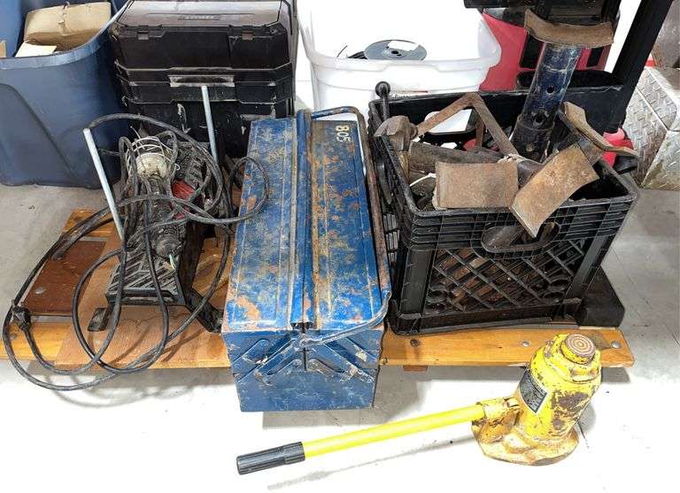 Tools, includes: Jack stands, drop light, creeper, jack, miter box, and ...