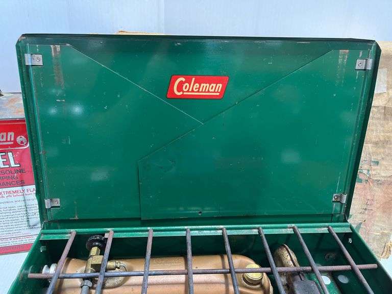 Coleman camp stove, model 425B, includes fuel and funnel, 17"W, good ...