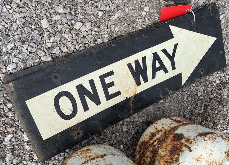 (2) Retired metal "One Way" signs, 36" x 12" - Albrecht Auction Service