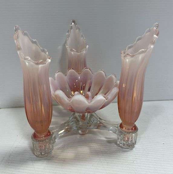 Fostoria heirloom pink opalescent glass table charm epergne candle ...