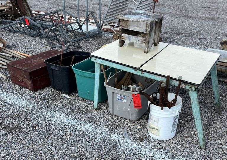 Farm primitives, include: Dovetailed wooden chest with saws, 31 1/2"W x ...