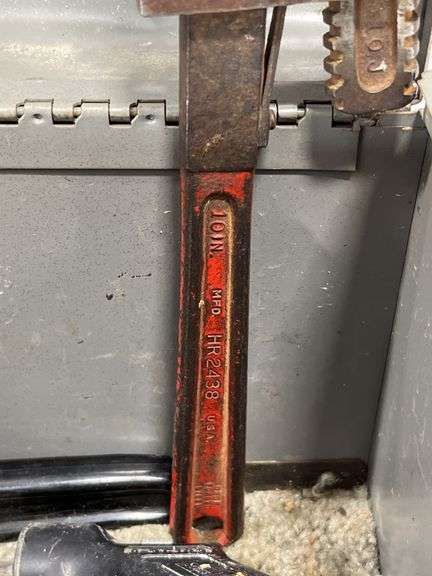 Plumbers toolbox, includes: (2) Pipe wrenches, 14"L; Pipe wrench, 10"L ...