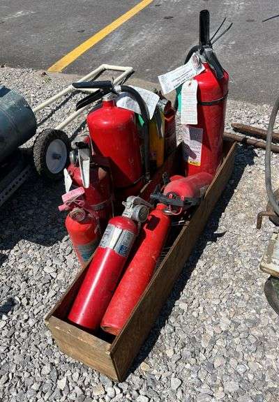 (9) Fire extinguishers and hose holders in wooden box, 32"L - Albrecht ...