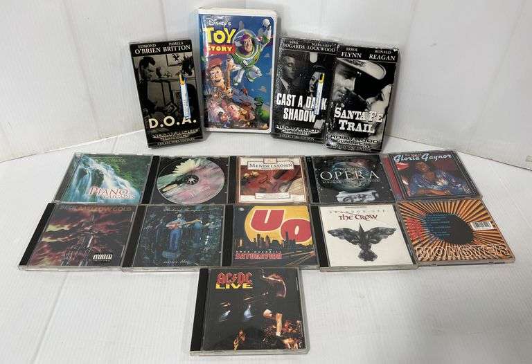 (11) Assorted music CDs, and (4) VHS movie tapes, good, used, two ...