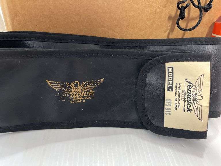 (6) Leather bags, 6" x 8"; Rod holders; (2) Pole bags, Fenwick and ...