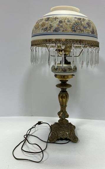 Older parlor table lamp with crystals, 30"H - Albrecht Auction Service