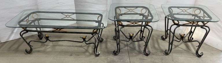 Set of (3) matching iron tables with beveled glass tops, include ...