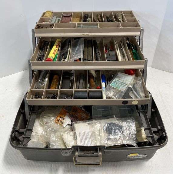 Plano tackle box full of gun parts, gun tools, and cleaning items, box ...