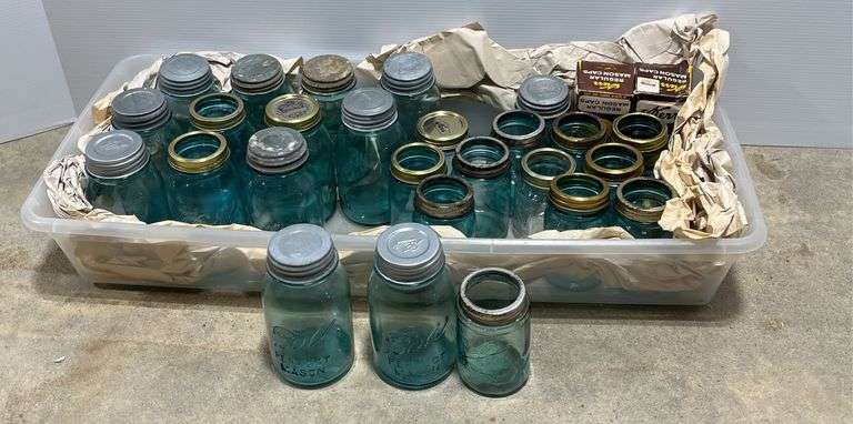 (13) Old Blue quart jars, (12) Old blue pint jars, Hershey's pint jar ...