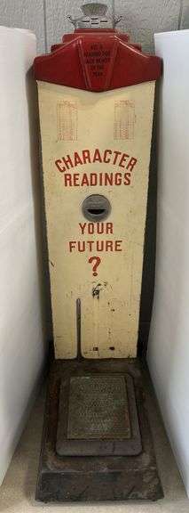 Antique coin operated weight guessing machine, 1¢, porcelain, 13"W x 26 ...