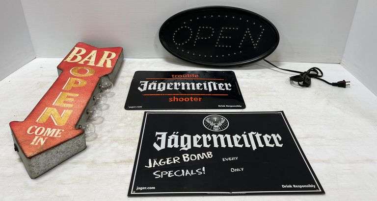 Bar signs, include: (2) Jager signs, lighted bar sign, and lighted open ...