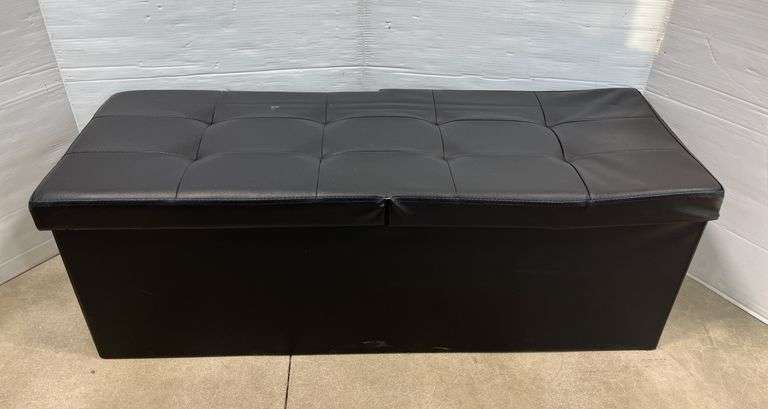 Long black leather-like sitting storage bench with both flip open sides ...