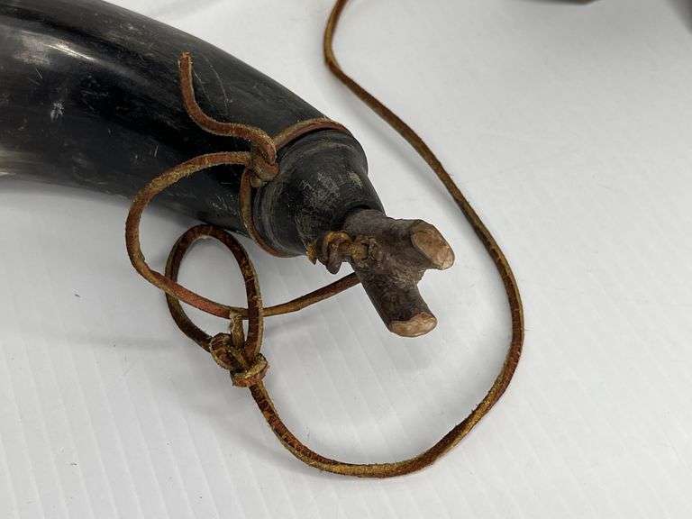 Black powder horn, 1 1/2" compass and 4" x 4" x 2" USA ball, older and ...