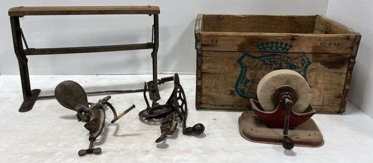 Wood Canada Dry box with antique apple peeler, antique cherry pitter ...
