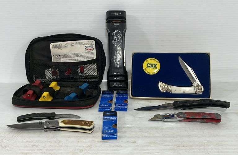 Assorted knives, sharpening kit and sharpening stones, includes boxed CSX Transportation 10th ...