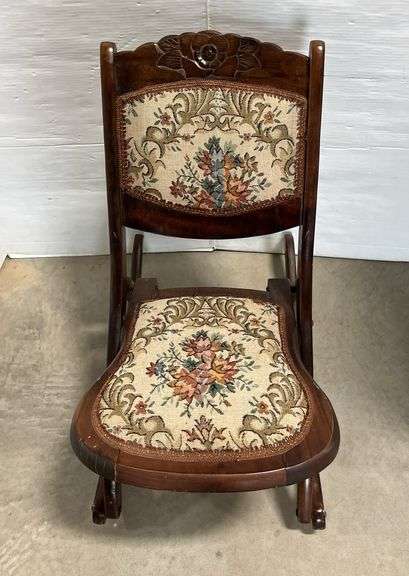 Older wooden floral fold up rocking chair, 16"W - Albrecht Auction Service