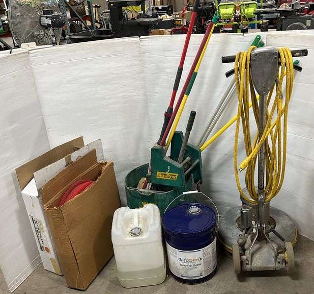 Commercial 20" oscillating floor scrubber with various pads, mop bucket ...