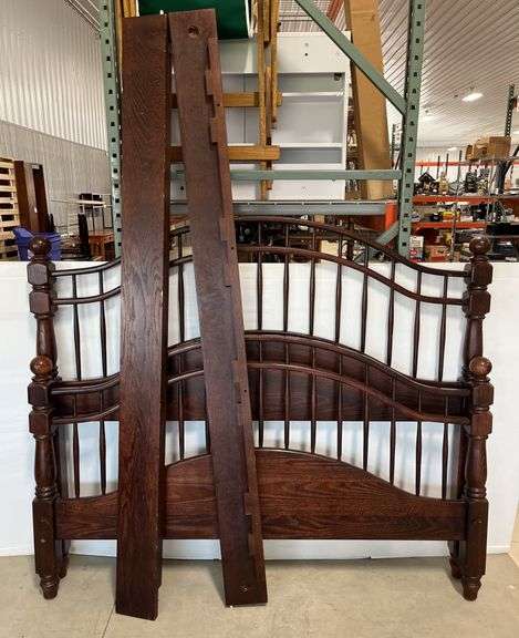 Brown wooden head and footboard with side rails, headboard- 65"W x 53"H ...