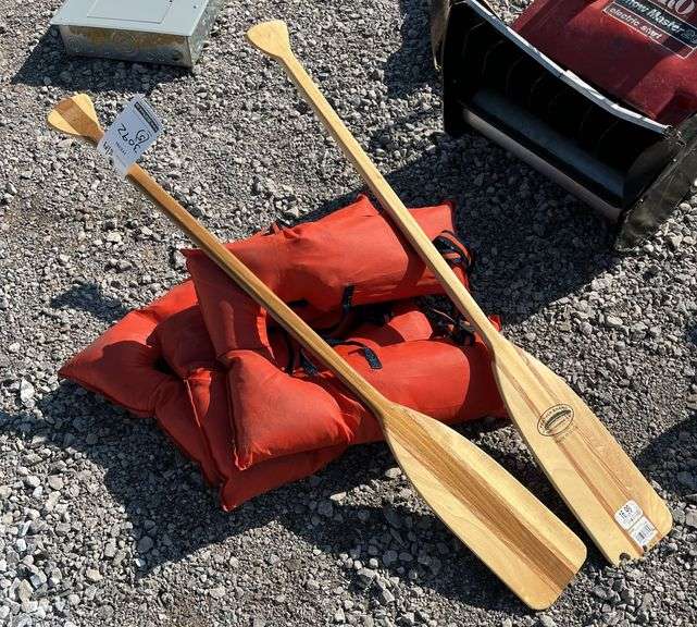 (5) Canoe items, includes: 2- Canoe oars, new; 3- Life vest, used ...