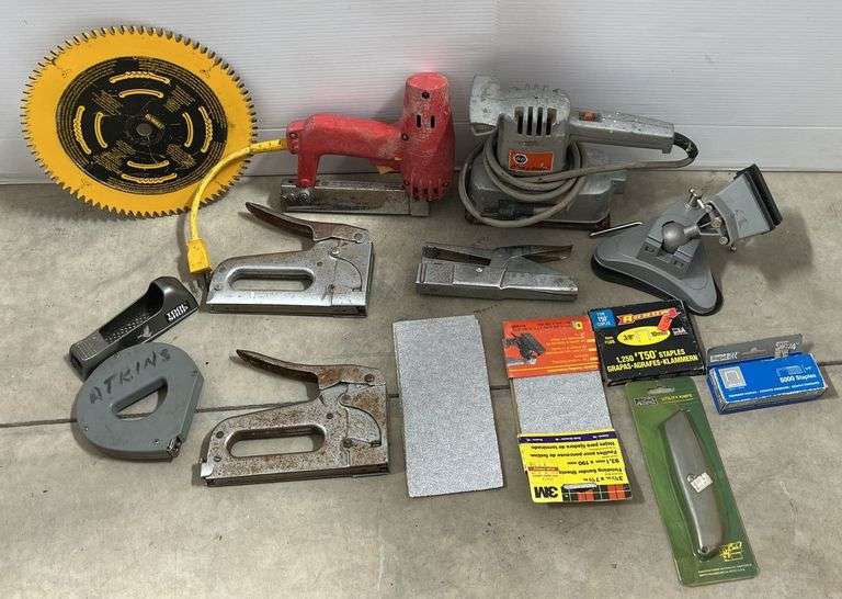 (2) T-50 Staplers, one for parts; Stapler, works; Sander, works with ...