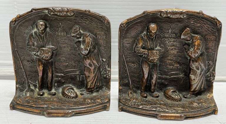 Pair of bronze finish cast iron bookends, "The Angelus Call to Prayer ...