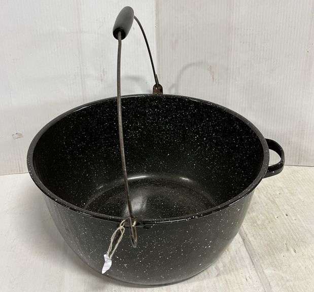 Enamelware kettle, large, with handle for hanging and small side handle ...