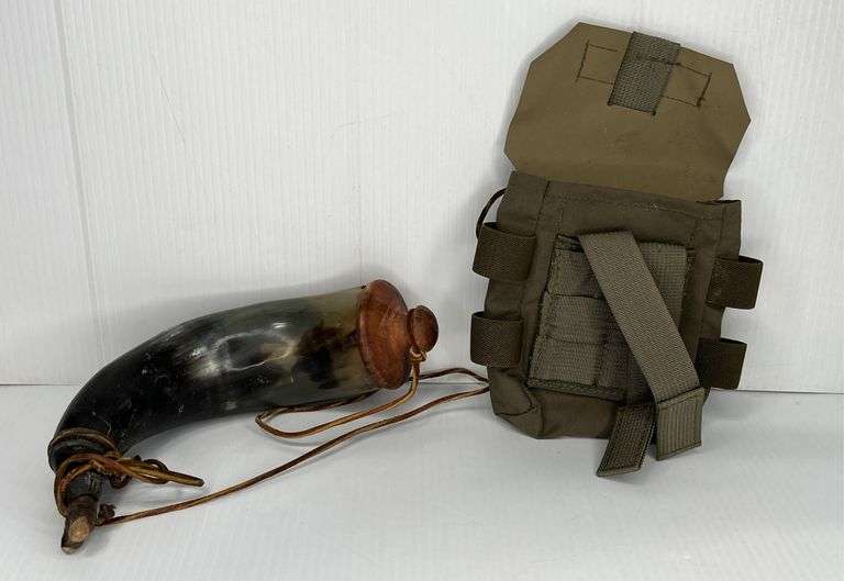 Black powder horn, 1 1/2" compass and 4" x 4" x 2" USA ball, older and ...