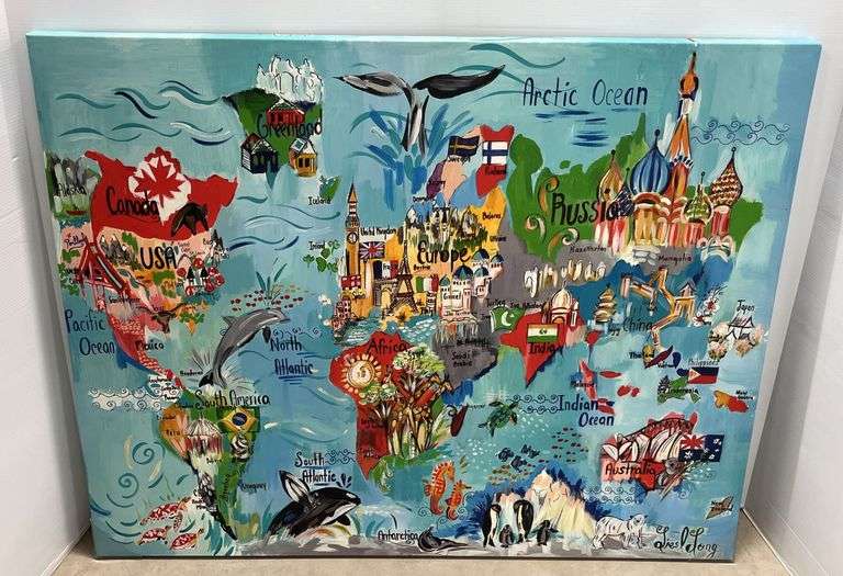 Extra large World Map canvas, 36" x 46", very good - Albrecht Auction ...