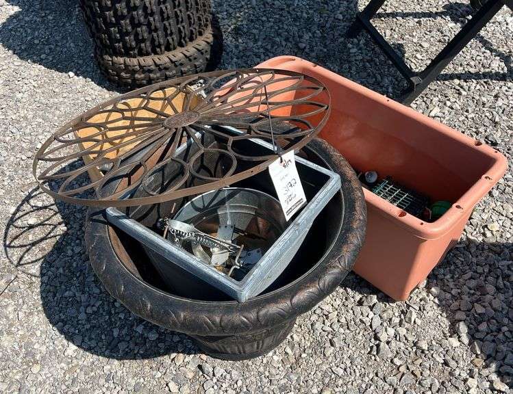(2) Mole traps; galvanized metal pail; (2) Large planters; Metal yard ...