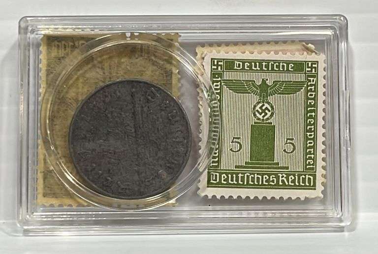 German coin and stamp from Nazi, Germany, in circulated condition ...