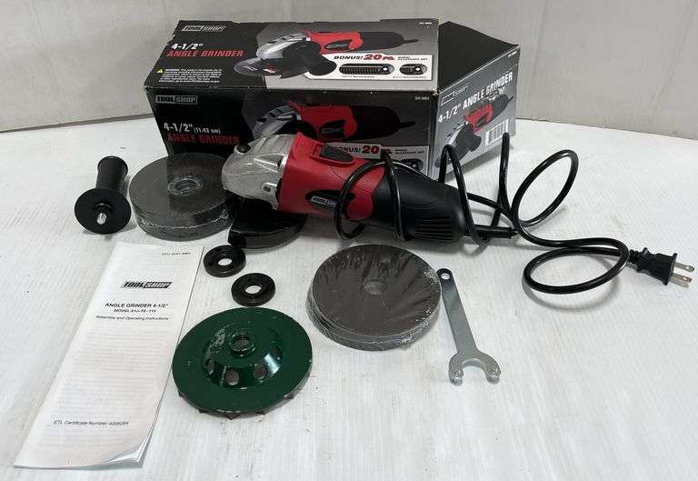 Tool shop 4 1/2" angle grinder, 5 AMP with 20-piece wheel accessory set ...