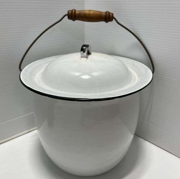 Antique enamel chamber pot with lid, has wood handle, 9 1/2"H with lid ...