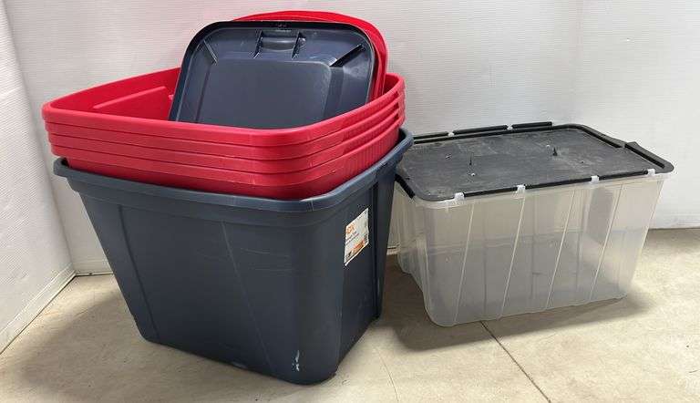 (6) Totes with lids, 12-gallon and 20-gallon sizes, all great ...