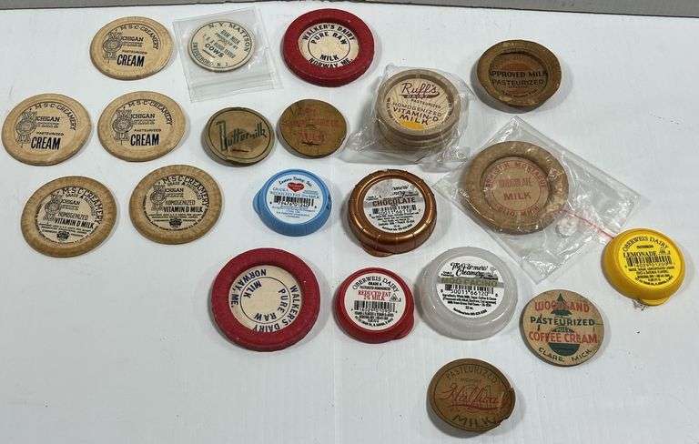 (18) Cardboard and (5) plastic older milk bottle caps, includes: Clio ...