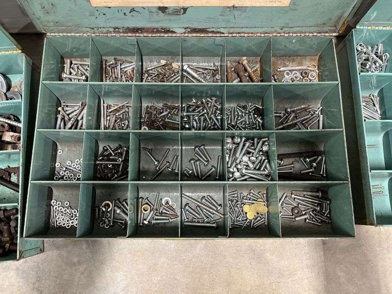 (3) Metal storage boxes with contents, include: Screws, bolts, cutter ...