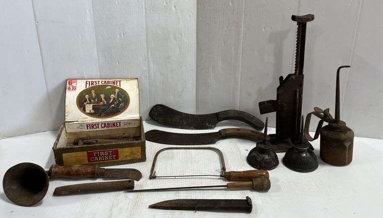 Beet knives; (2) Oil cans; Jack; Saw; (3) Railroad spikes, up to 14 ...