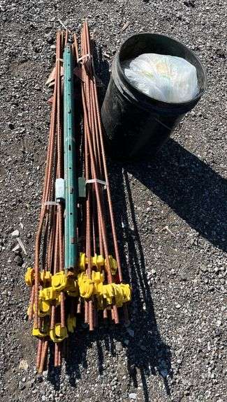 Electric fence posts, include: (31) Round, most with insulators; (6) U ...
