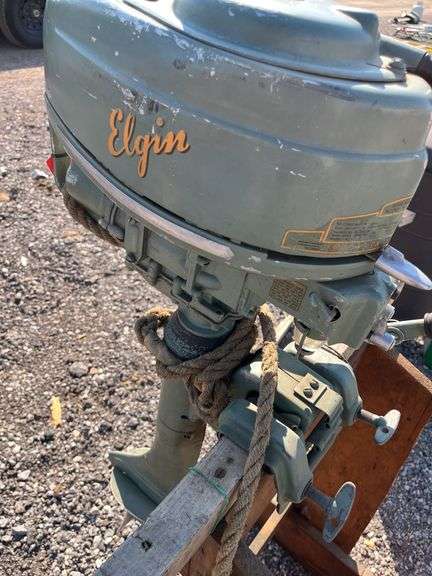 Elgin Outboard motor, Sears model 57 with stand and gas can, older ...