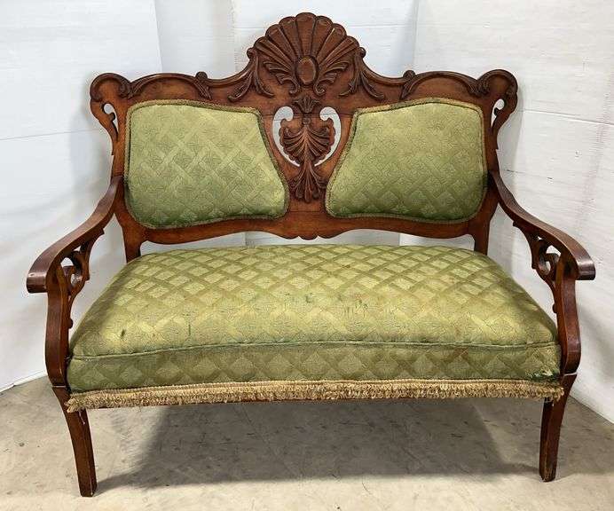 Antique green satin sette, 48"W x 20"D x 37"H, has some stains in fabric; Antique off-white ...
